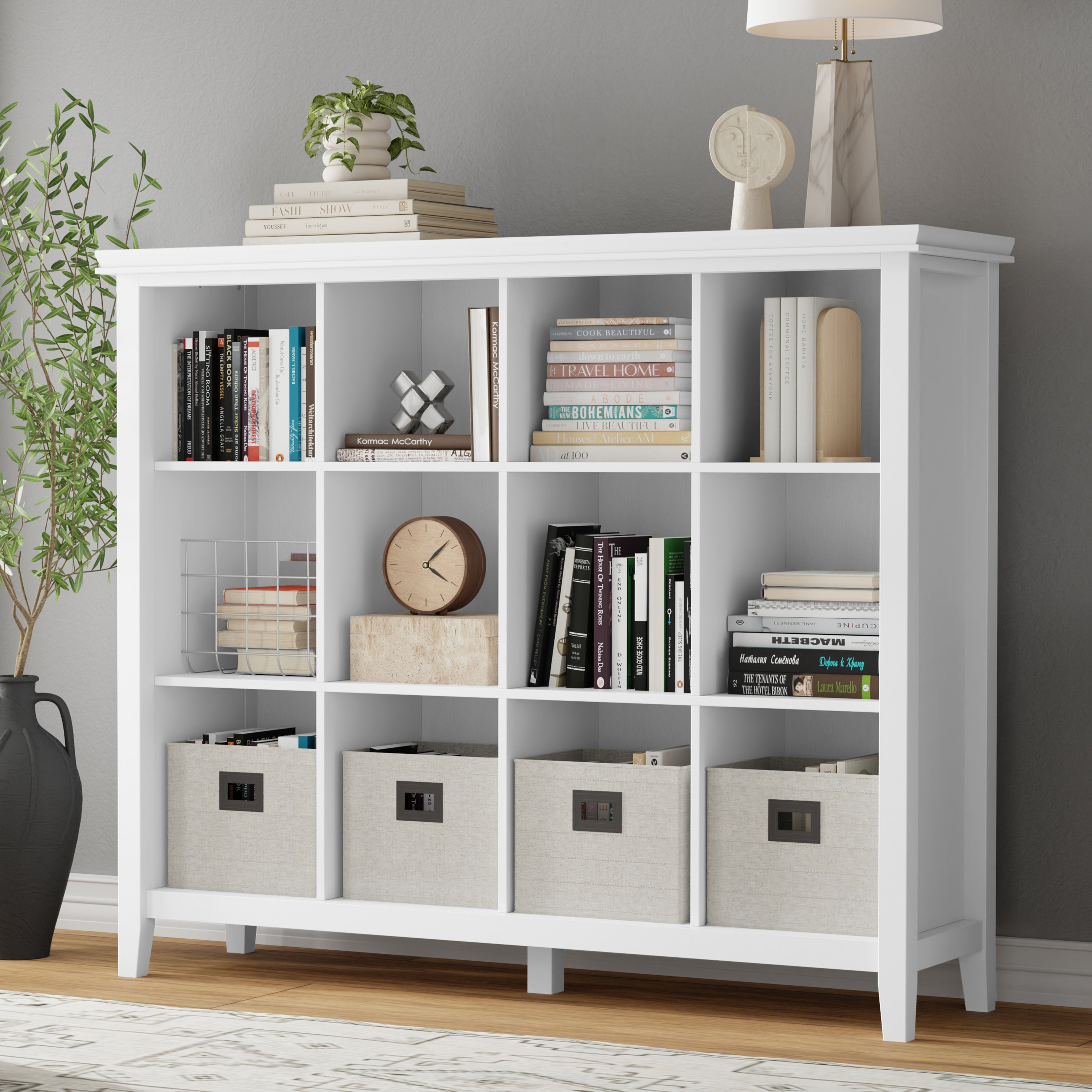Simpli Home Artisan 57"W Solid Wood 12 Cube Storage Bookcase with Fixed Shelves | Wayfair
